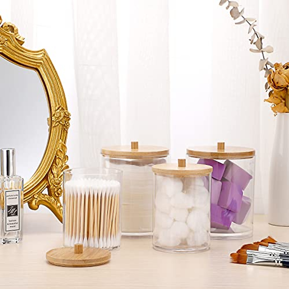Hipiwe Acrylic Qtip Holder Dispenser with Lid 4-Pack Clear Apothecary Jars Vanity Makeup Organizer Bathroom Accessories Storage Canisters for Cotton Ball Swab Round Pads Floss