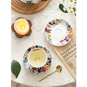 Porcelain Tea Cup with Saucers and Spoon, 2 Sets of 8 Oz Floral Coffee Mug with Gold Trim Holder, Royal Ceramic Teacup Set, Espresso Latte Mugs for Wedding Birthday Table Supplies (Pink + Apple Green)