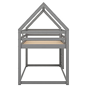 Twin Over Twin House Bunk Bed with Safety Guardrail and Ladder, Wood Twin Loft Bed Frame with House Roof for Kids Teens Girls Boys,Grey