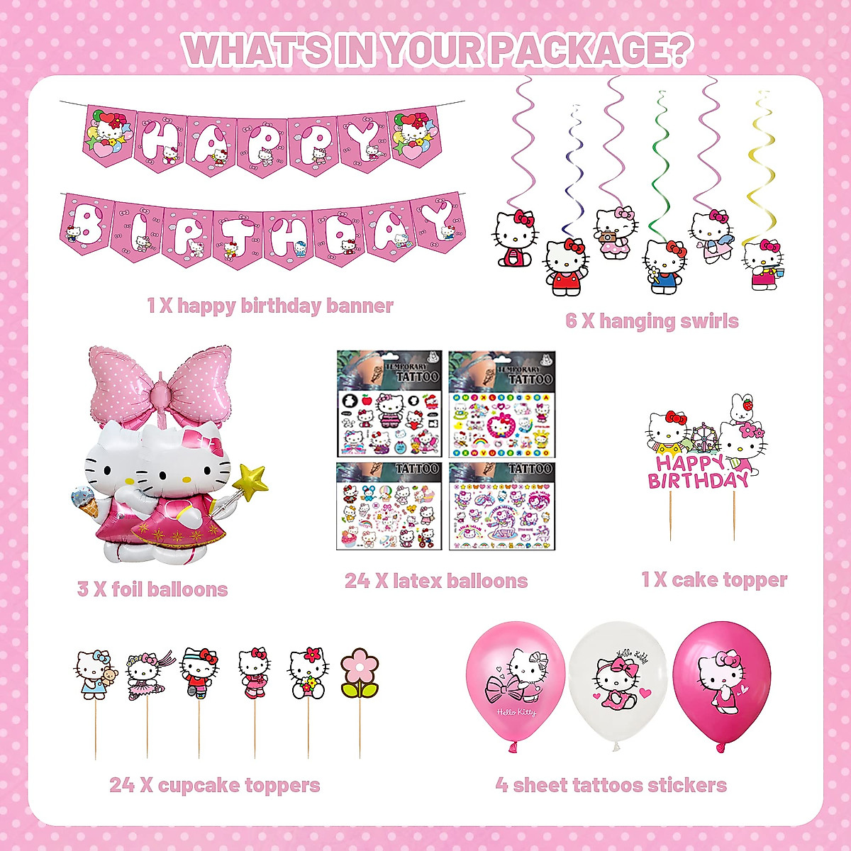 Kitty Birthday Party Supplies, Cute Kitten Party Favor Pink Party Decorations includes Happy Birthday Banner, Balloons, Cake Topper, Kitten Foils Balloons, Tattoos Stickers, Hanging Swirl
