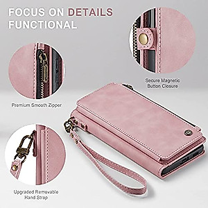 Defencase Galaxy S21 Ultra Wallet Case, PU Leather Magnetic Flip with Lanyard, Zipper Card Holder, Rose Pink