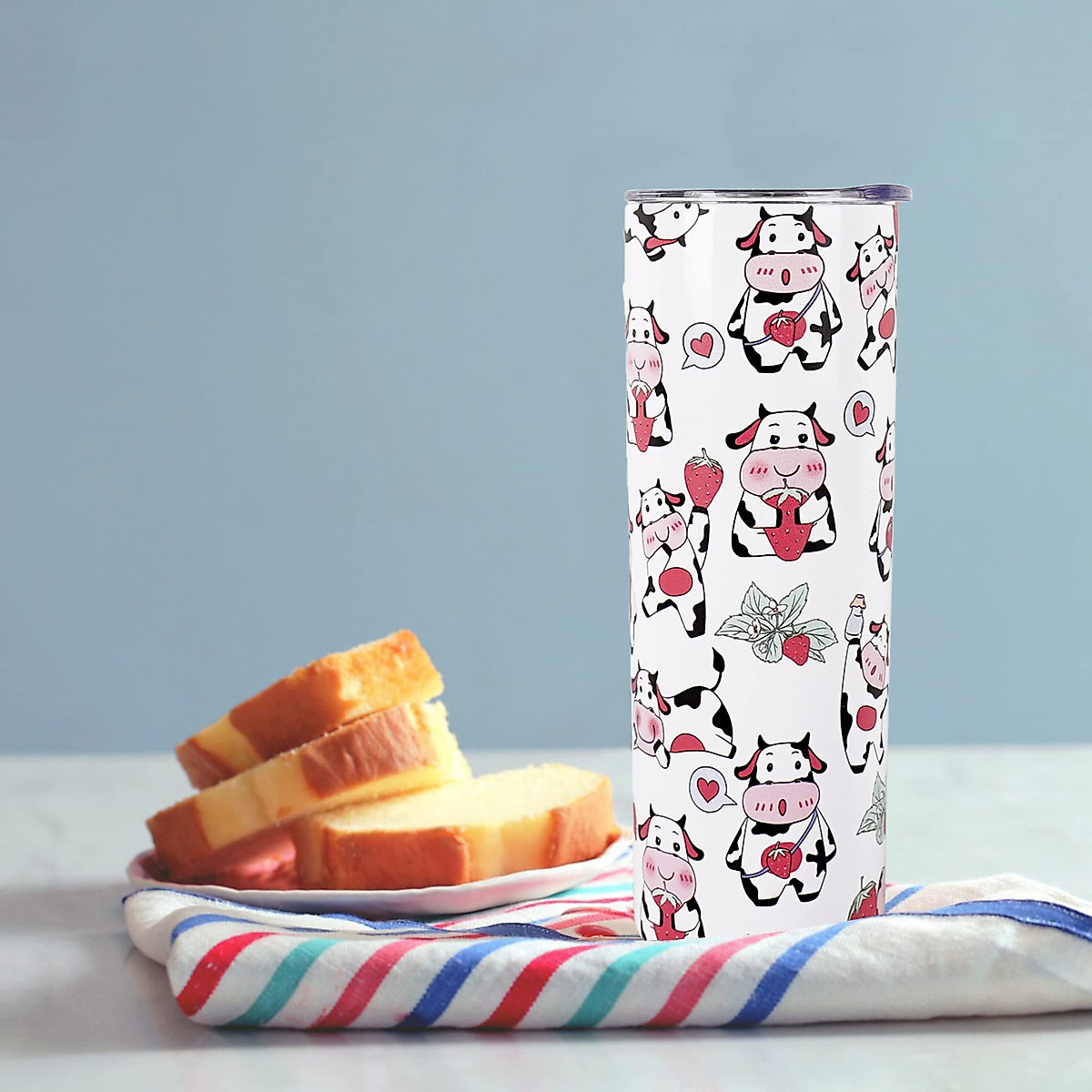 Strawberry Cow Print Tumbler-20 oz Skinny Tumbler with Lid and Straw-Cow Gifts for Women, Birthday Gifts for Women-Strawberry Decor, Strawberry Accessories-Insulated Cow Tumbler,Cute Cups,Cute Tumbler