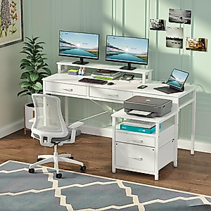 GYIIYUO 55 Inch Computer Desk with 4 Drawers & Printer Stand, L Shaped Office Desk with File Cabinet, Power Outlets, LED Lights & Monitor Stand, Writing Desk with Storage Shelf for Home Office, White