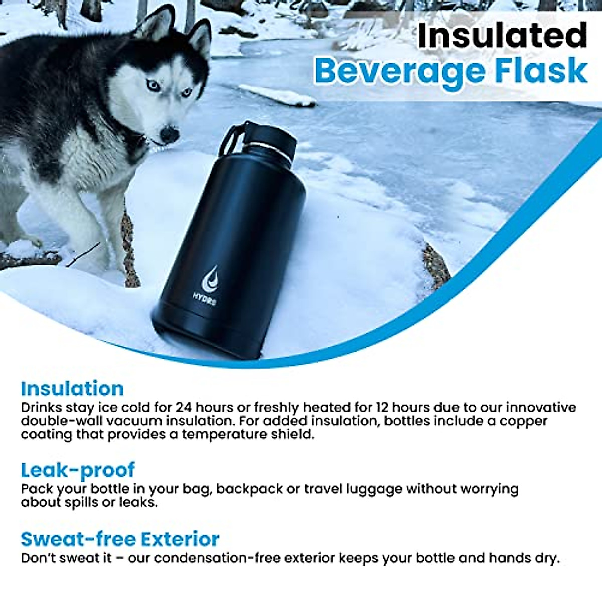 HYDR8 64oz Water Bottle with 3 Lids & Cleaning Brush, Space Black