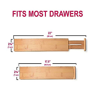 Bamboo Kitchen Drawer Dividers - Adjustable Spring Loaded Drawer Organizers - Drawer separator for Kitchen Utensils, Bedroom Clothes Dresser, Bathroom, and Office - Expands from 17.5" - 22" - 4 Pack