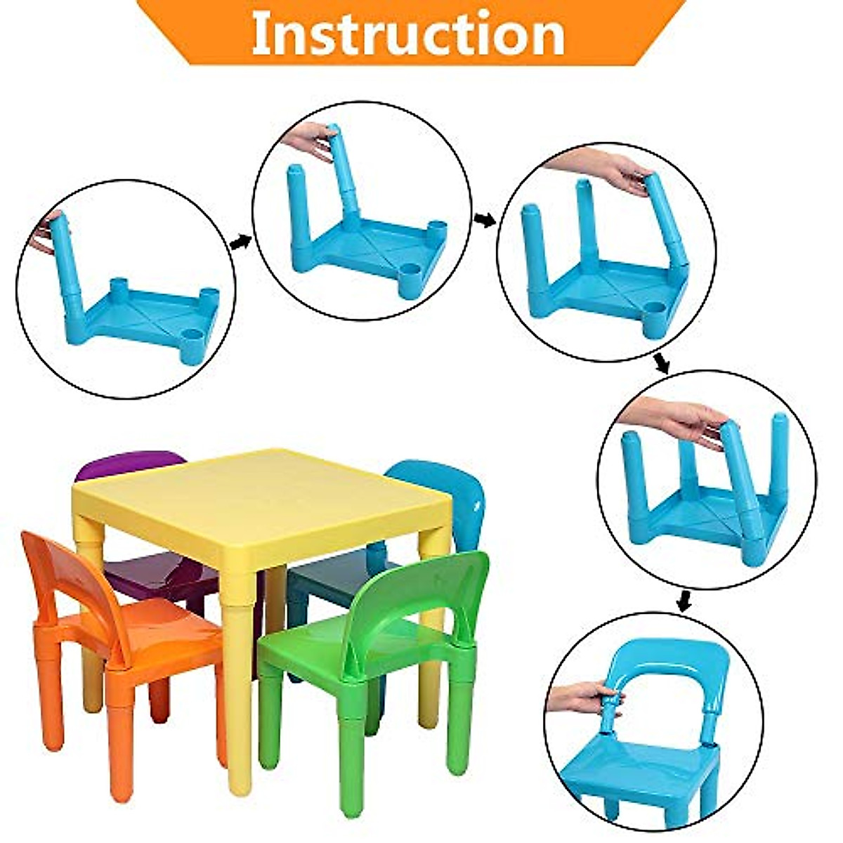 FRITHJILL Kids Plastic Table and Chair Set,Art Play-Room Little Kid Children Furniture Accessories(4 Childrens Seats with 1 Tables Sets),Fit for 3-8 Years Old