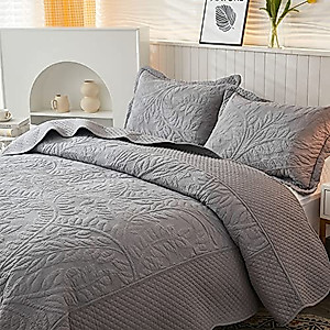 MarCielo 3-Piece 100% Cotton Oversized Bedspread Set Coverlet Set Lightweight Quilt Set Embroidery Farmhouse Bedding Set (Noble Grey, Queen (100"x106"))