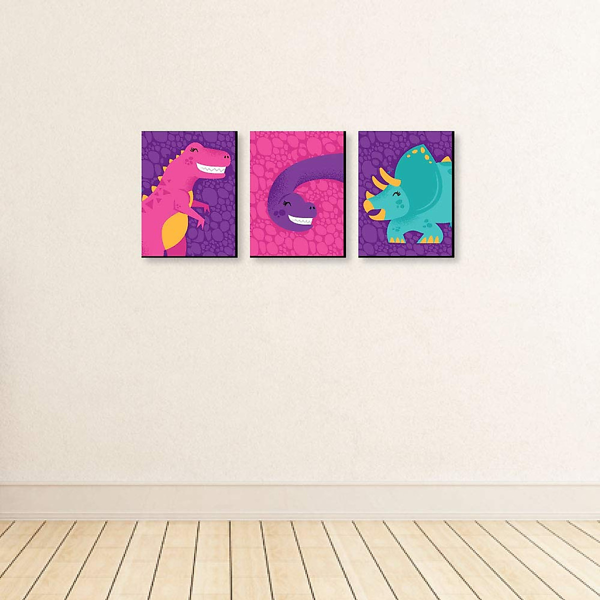 Big Dot of Happiness Roar Dinosaur Girl - Dino Mite T-Rex Nursery Wall Art and Kids Room Decorations - Gift Ideas - 7.5 x 10 inches - Set of 3 Prints