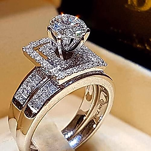 Women Wedding Ring Bridal- Girl 2PC Geometry Rhinestone Cubic Zirconia Bridal Geometry Rhinestone Engagement Ring Full Diamond Zirconia Solitaire Ring for Women Size Promise- Men Mom (SilverE, 7)