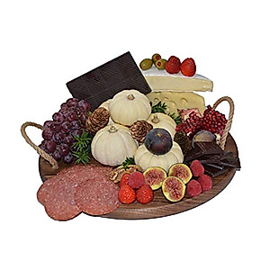 WALUX Organic Black Walnut Wood Cheese Board with Handle (14"), Charcuterie Platter & Serving Tray for Wine, Crackers, Brie and Meat. Rustic Black Walnut Serving Board, Round Cheese Board