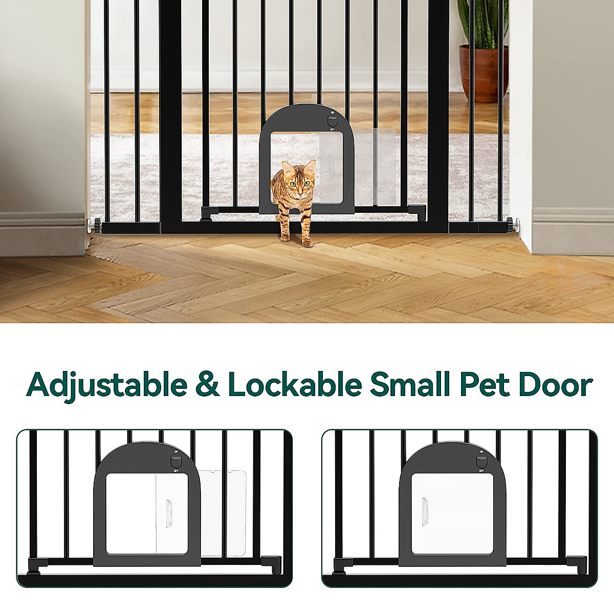 Babelio 29-48" Extra Wide Baby Gate with Adjustable Cat Door,Easy Install Pressure/Hardware Mounted,Auto Close Pet door for Stairs,House,Doorways,Effortless Walk Thru,Black