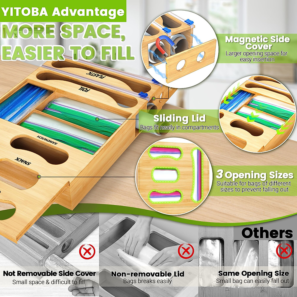 YITOBA Thicker Bag Storage Organizer, Bamboo Baggie Organizer with Aluminum Foil Dispenser, Foil and Plastic Wrap Organizer with Cutter, 6 in 1 Sandwich Bag Organizer for Drawer Kitchen