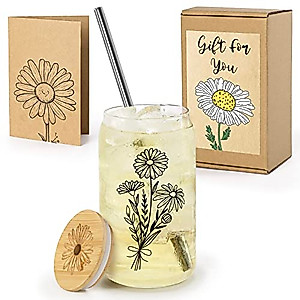 Nefelibata Daisy Iced Coffee Cup Birth Flower Beer Glass Can 16OZ Drinking Cup with Bamboo Lid Metal Straw Cleaning Brush April Birth Flower Spring Floral Decor Birthday Gifts for Mom Mother's Day