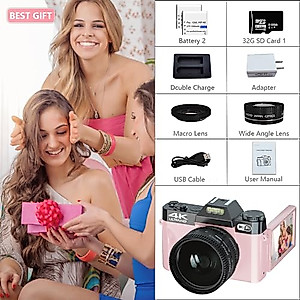 Digital Cameras for Photography, 4K 56MP Vlogging Camera for YouTube with WiFi, Manual Focus, 16X Digital Zoom, 52mm Wide Angle Lens & Macro Lens, 32GB TF Card and 2 Batteries(Pink)