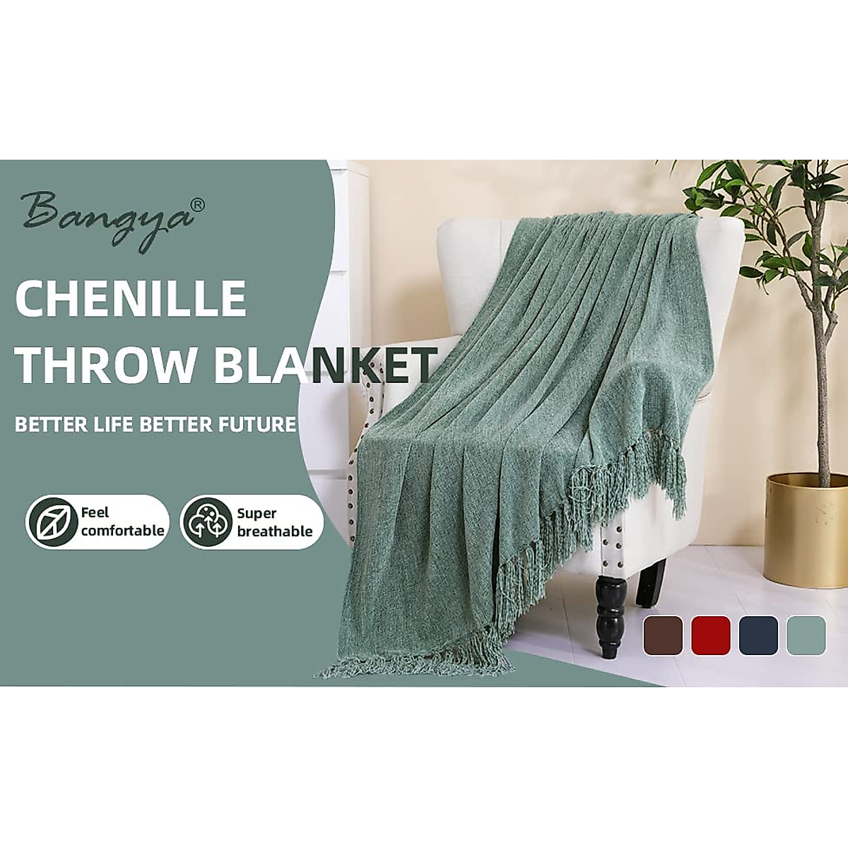 Bangya Sage Chenille Throw Blanket Soft Cozy Woven Fringe Tassel Throw Blenket for Sofa Couch Bed Home Living Room Decor (Sage,50" X 60")