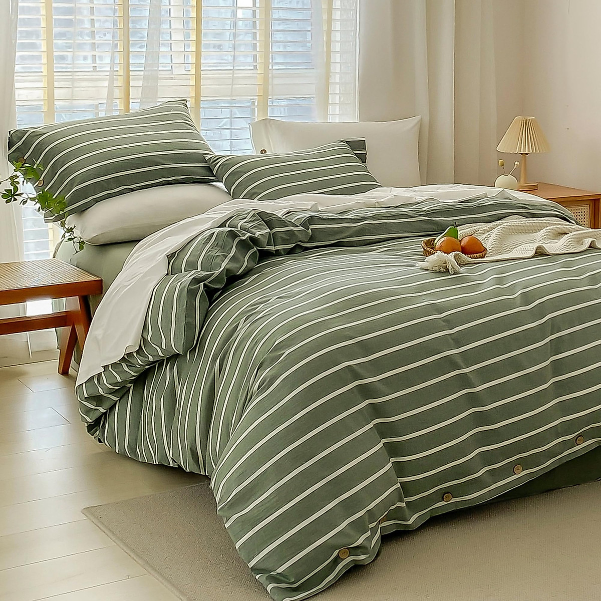 JELLYMONI Bedding Duvet Cover Twin Size - 100% Washed Cotton Linen Like Textured Striped Comforter Cover, 3 Pieces Breathable Soft Bedding Set with Button Closure (Green&White Stripe, Twin 68"x90")