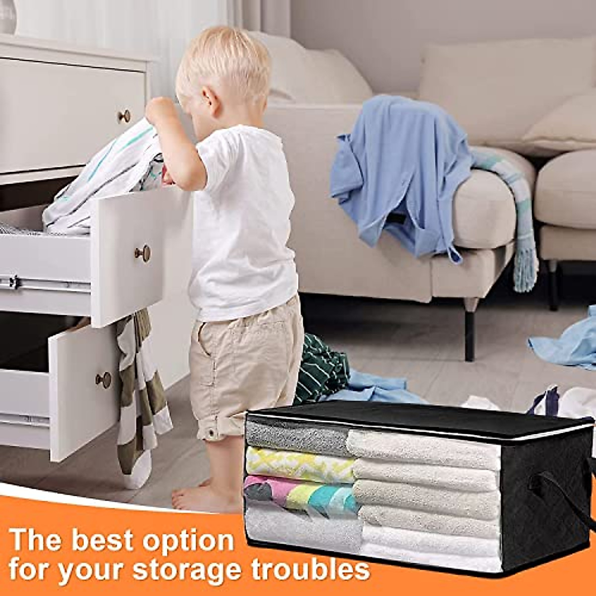 ASANMEYO 6 Pack Clothes Storage, Foldable Blanket Storage Bags, Clothing Storage Containers, Organization and Storage with Lid and Handle, Closet Organizers for Bedroom,Comforters, Toys, Bedding,Black