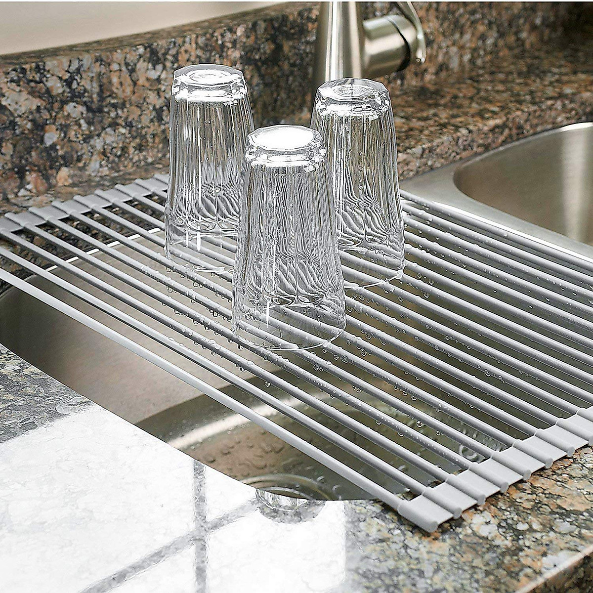 iPEGTOP Roll Up Dish Drying Rack with 304 Stainless Steel Plates Holder Pot Lid Organizer, Over The Sink Kitchen Foldable Multipurpose Dish Drainer Rack for Fruits Vegetable,16.9" x 12.6"