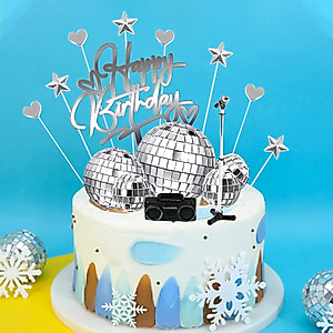 23PCS Disco Ball Cake Toppers 70's Disco Theme Cake Decoration Set with DJ Bling Silver Mirror Balls Centerpiece and Mini Microphone Radio Toy Decor for Women Men 1970s Dance Birthday Party Supplies