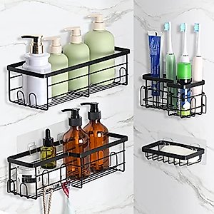 HappyHapi 4 Pack Shower Caddy with Hooks, No Drilling Adhesive Shower Shelf Rustproof Shower Caddy for Bathroom Camper RV Kitchen(2 Shower Organizer,1 Soap Holders,1 Toothbrush holder)