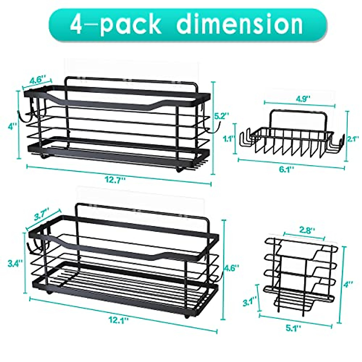 Auroglint Stainless Steel Black Shower Caddy, Large Storage Shower Racks for Bathroom, Wall Mounted No Drilling Storage Shower Shelves with Removable Hooks (4 pack)