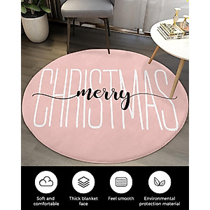 Merry Christmas Fluffy Round Area Rug Carpets 4ft, Plush Shaggy Carpet Soft Circular Rugs, Non-Slip Fuzzy Accent Floor Mat for Living Room Bedroom Nursery Home Decor Blush Pink Xmas Holiday