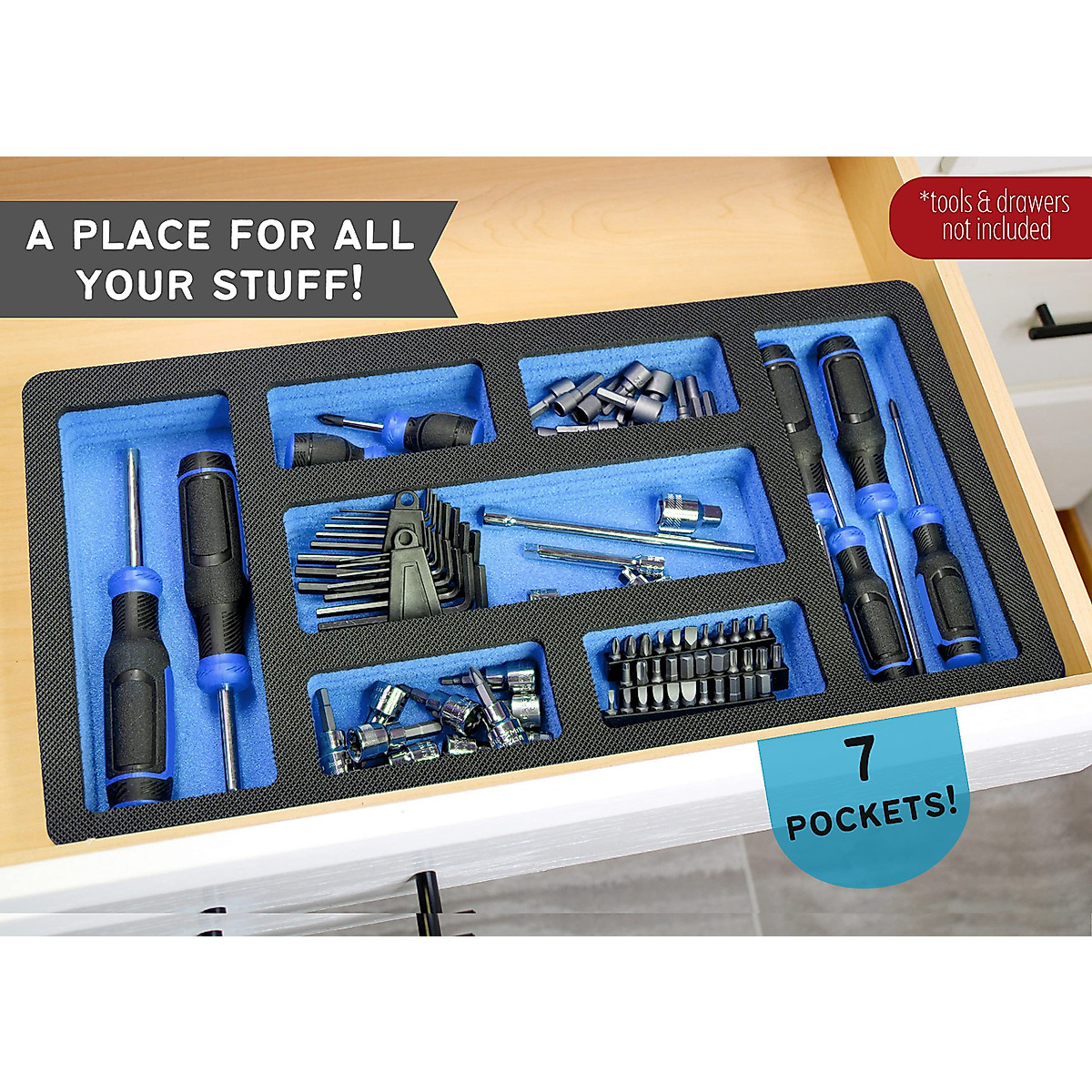 Polar Whale Tool Drawer Organizer Insert Blue and Black Durable Foam Strong Non-Slip Anti-Rattle Bin Holder Tray 20 x 10 Inches 7 Pockets Fits Craftsman Husky Kobalt Milwaukee and Many Others