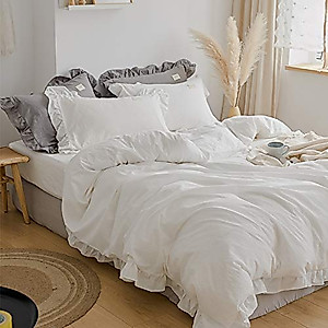 4 Pieces Vintage Stone Washed Cotton Bedding Sets Girls Princess Ruffle Duvet Cover Pillowcases Full Queen Size Bed Sheets White/Pink/Sage Green/Grey (41YS-1-White, Queen Size 4pcs)