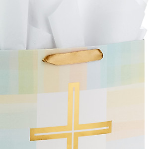 Hallmark 13" Large Gift Bag with Tissue Paper (Gold Cross, Green, Yellow) for Easter, First Communion, Confirmation, Weddings, Clergy Day
