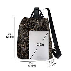 ALAZA Boho Flower Goledn Mandala Floral Women Backpack Anti Theft Back Pack Shoulder Fashion Bag Purse