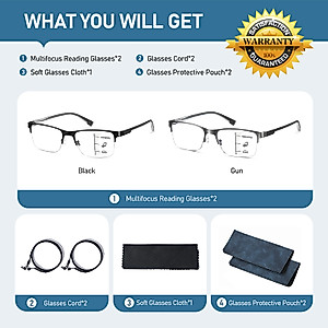 LKEYE Multifocus Reading Glasses Men Progressive Multifocal Blue Light Blocking Computer Reader Half Metal Frame Extra Wide No Line Multi Focus Large Designer Transition Spring Hinge Eyeglasses 1.50x
