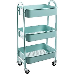AGTEK Makeup Cart, Movable Rolling Organizer Cart, Aqua Blue 3 Tier Metal Utility Cart