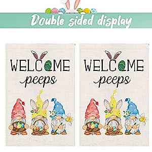 Easter Garden Flags 12x18 Double Sided - Spring Gnome Welcome Yard Flag Burlap Bunny Easter Outdoor Decorations Welcome Peeps
