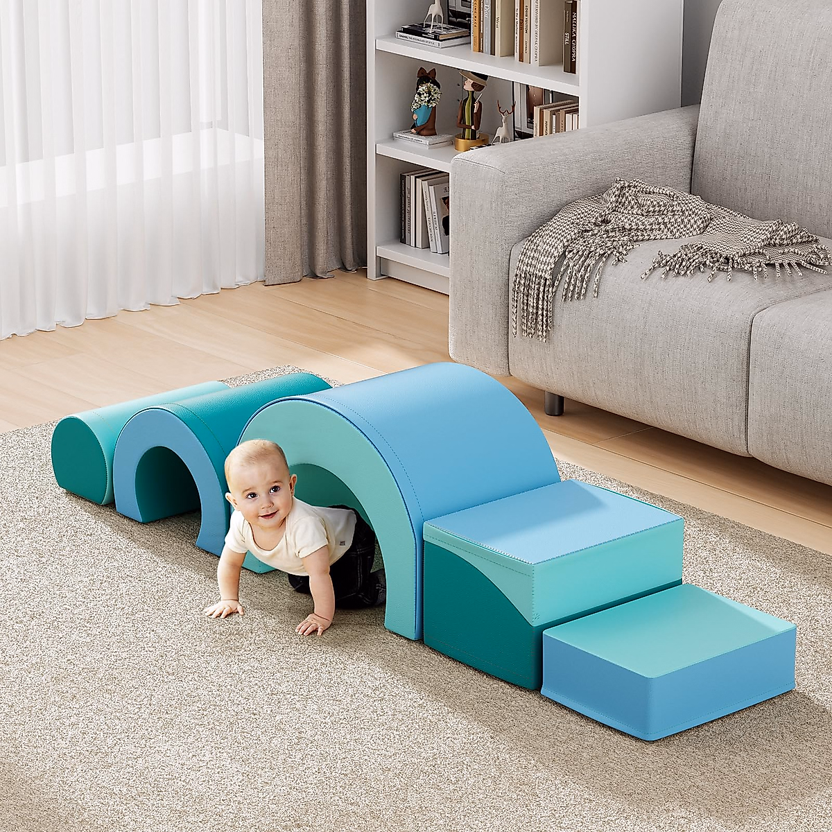 Lischwert Foam Climbing Blocks, Soft Climbing Toys for Toddlers, 5 Pieces Crawl and Climb Foam Playset with Foldable Block and Tunnel, Indoor Climber Activity Play Set for Kids Age 1+