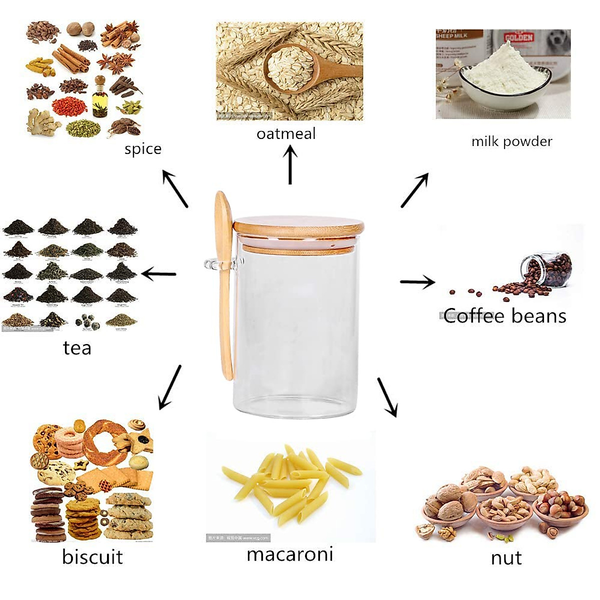 LEAVES AND TREES Y Glass Jars with Bamboo Lids and Spoon, 17 OZ Set of 3 Small Glass Sugar Container with Wooden Lids and Scoop, Coffee Tea Jars for Loose Tea, Coffee Bar Containers