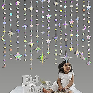 Iridescent Star Moon Circle Dot Garland Party Decoration Kit Hanging Crescent and Twinkle Little Star Streamer Bunting Banner for Kids First Birthday Ramadan EID Mubarak Baby Shower Wedding Decor