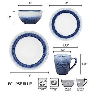 Pfaltzgraff Eclipse Blue 16-Piece Stoneware Round Dinnerware Set, 1 inch dinner plate, 8 inch salad plate, 6 inch soup cereal bowl (26 ounce) and 14 ounce mug, Blue/White