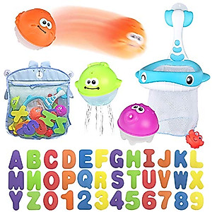 Bath Toy Sets, 36 Foam Bath Letters and Numbers, Floating Squirts Animal Toys Set with Fishing Net and Organizer Bag, Fish Catching Game for Babies Infants Toddlers Bathtub Time
