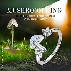 OHAYOO Mushroom Ring Adjustable S925 Sterling Silver Mushroom White Opal Open Ring Mushroom Ring Jewelry Gifts For Women Teen Girls