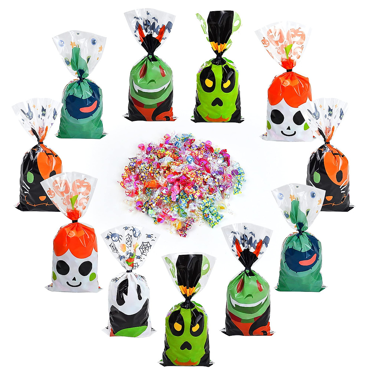 JOYIN 150 PCS Halloween Cellophane Treat Bags with Twist Ties, Halloween Cellophane Clear Candy Bags for Trick or Treat, Halloween Cookie and Goodies Gift Bags for Party Favor Supplies