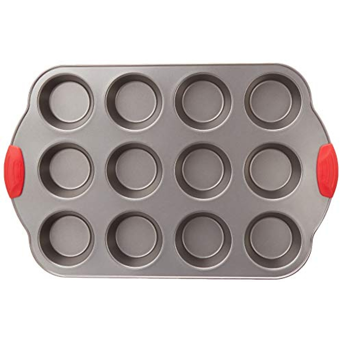 Amazon Basics Non-Stick 12-Cup Muffin Pan, Gray with Red Grips
