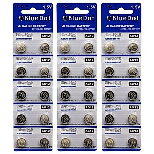 BlueDot Trading AG12 LR43 SR43 260 386 1.5V Alkaline Coin Cell Battery for Watch, Hearing Aid, Calculator, Flashlights, Keyless entry, Blister Pack - 30 Count