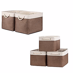 Bidtakay Baskets Set Fabric Storage Bins-White&Earthy Brown Bundled Baskets of 2 Large Baskets 16" X 11.8" X 11.8" + 3 Medium Baskets 15" X 11" X 9.5"