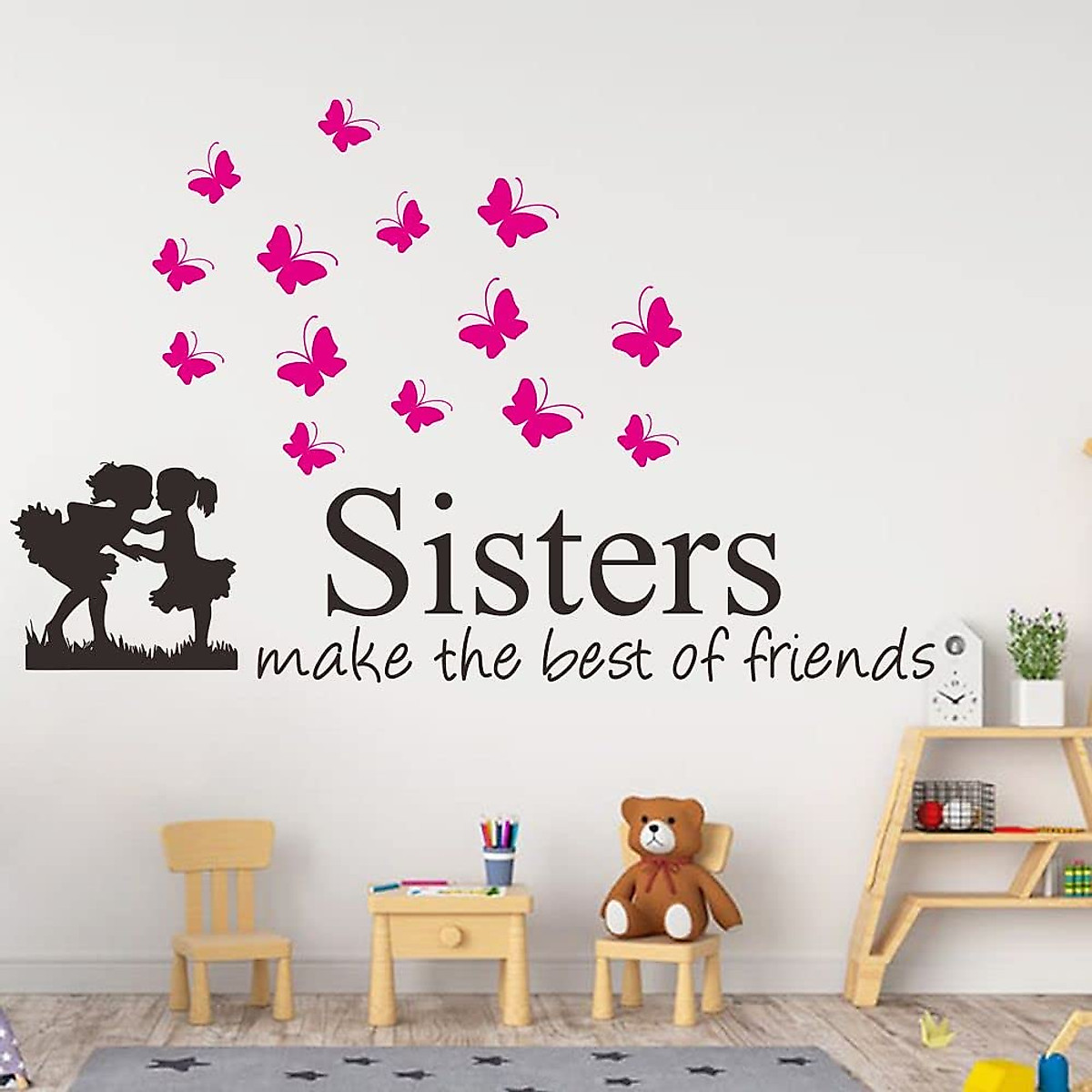 ANFRJJI Sisters Make The Best Friends Wall Decal with Butterfly Art for Girls Room - Removable PVC Vinyl Sticker - Effect 39x24 inch - Sisterhood Quote JWH174 (Black+Blush Butterfly)