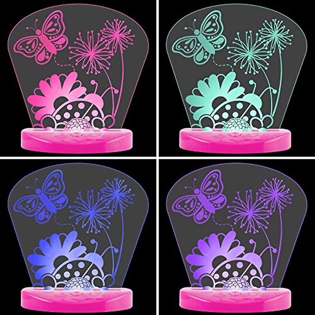Lights By Night Color-Changing Table Top Lamp Nightlight, Flowers and Butterflies, USB Powered, 9 Multi-Colored 3D Options, Always On/60 Minute Time-Out Feature, Colorful, Pink Acrylic Base, 32917