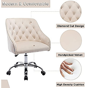 SLEERWAY Velvet Home Office Desk Chair, Modern Swivel Armchair, Comfy Task Chair with Height Adjustable, Upholstered Tufted Computer Chair for Working or Studying (Beige)