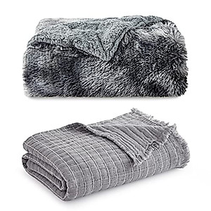 Bedsure Faux Fur Throw Blankets Tie-dye Throw & Bedsure 100% Cotton Muslin Blankets Grey Throw
