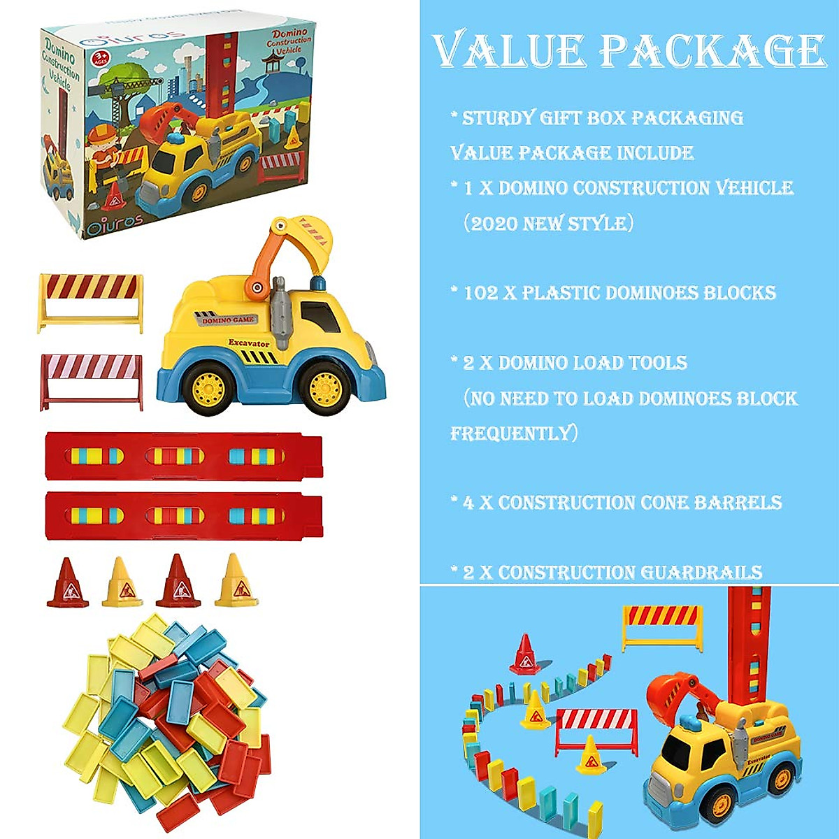Domino Train, Domino Blocks Set, Domino Construction Vehicle Toys, Building and Stacking Toy Blocks Domino Set for 3-7 Year Old Toys, Boys Girls Creative Gifts for Kids