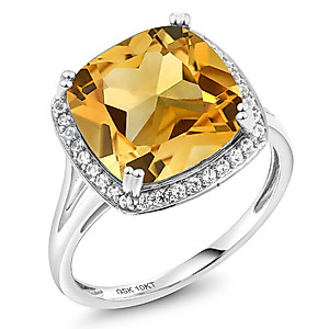 Gem Stone King 10K White Gold Yellow Citrine and White Created Sapphire Women's Ring (6.09 Ct Cushion 12MM, Gemstone Birthstone, Available In Size 5, 6, 7, 8, 9)
