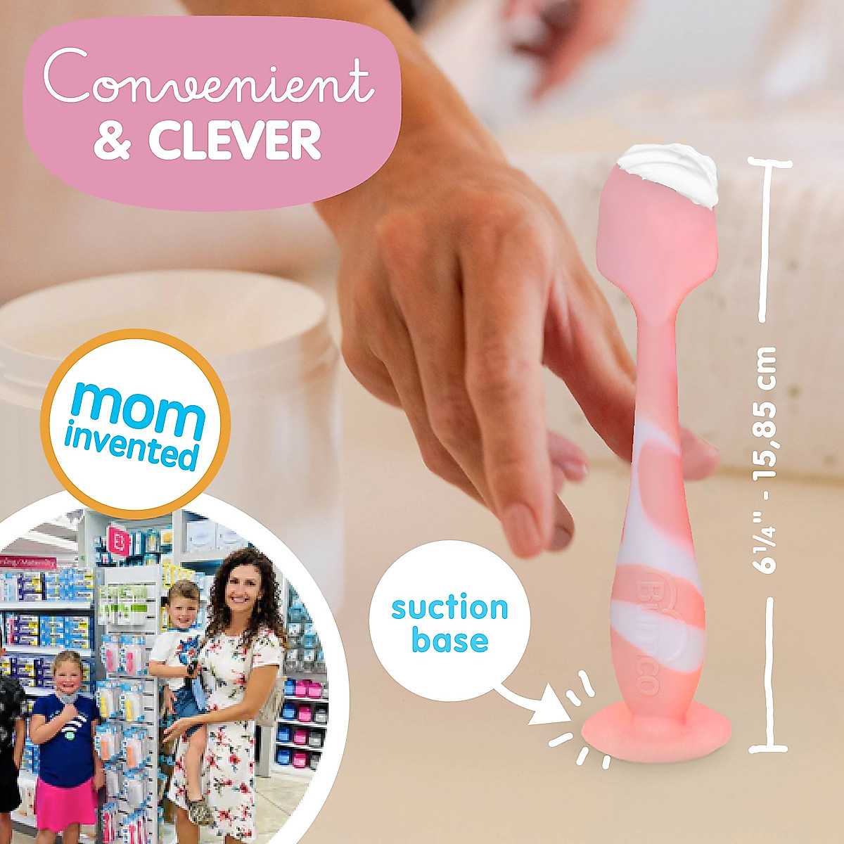 Bumco Baby Bum Brush - BPA-Free Diaper Cream Spatula with Suction Cup Base, Soft & Flexible Silicone, Wipe-Clean, Mom-Invented Diaper Bag Essentials (Light Pink Swirl)